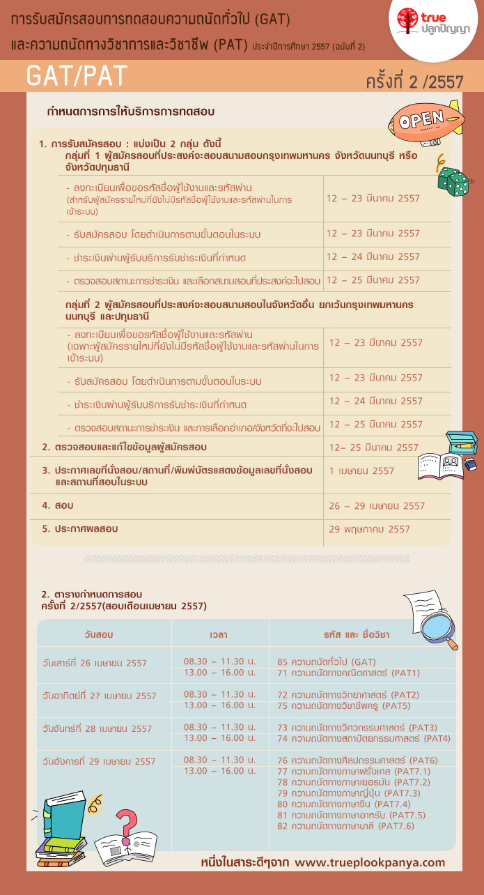 กำหนดการสอบ GAT/PAT ครั้งที่ 2/2557